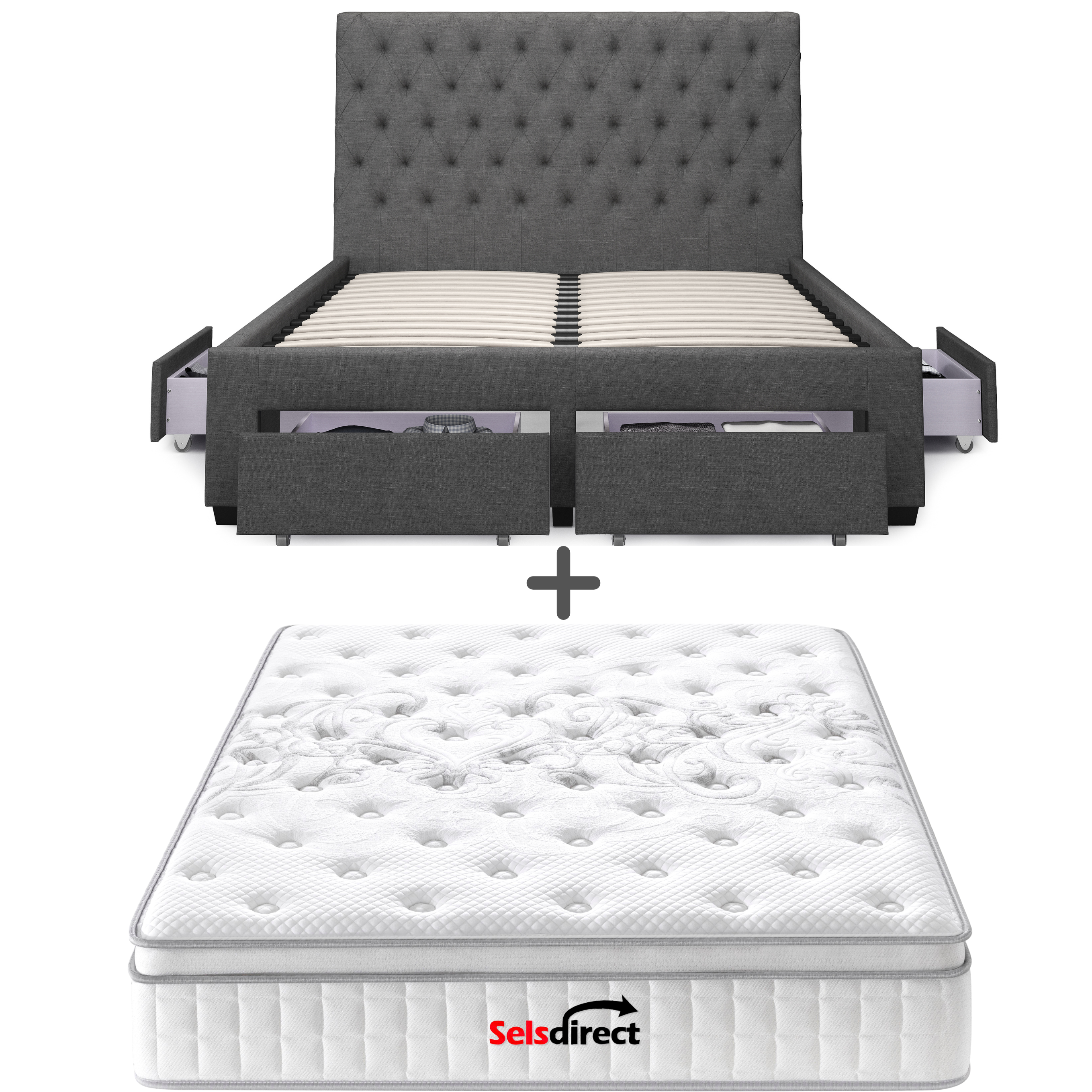 Buy Zest 4 Drawer Storage Bed Frame (Grey Fabric) and Royal Memory Foam ...